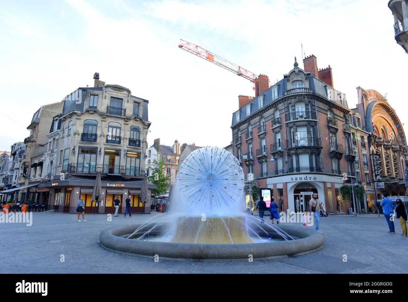 Reims, France, Fountain and shops at the Place Drouet Erlon, old Opera ...