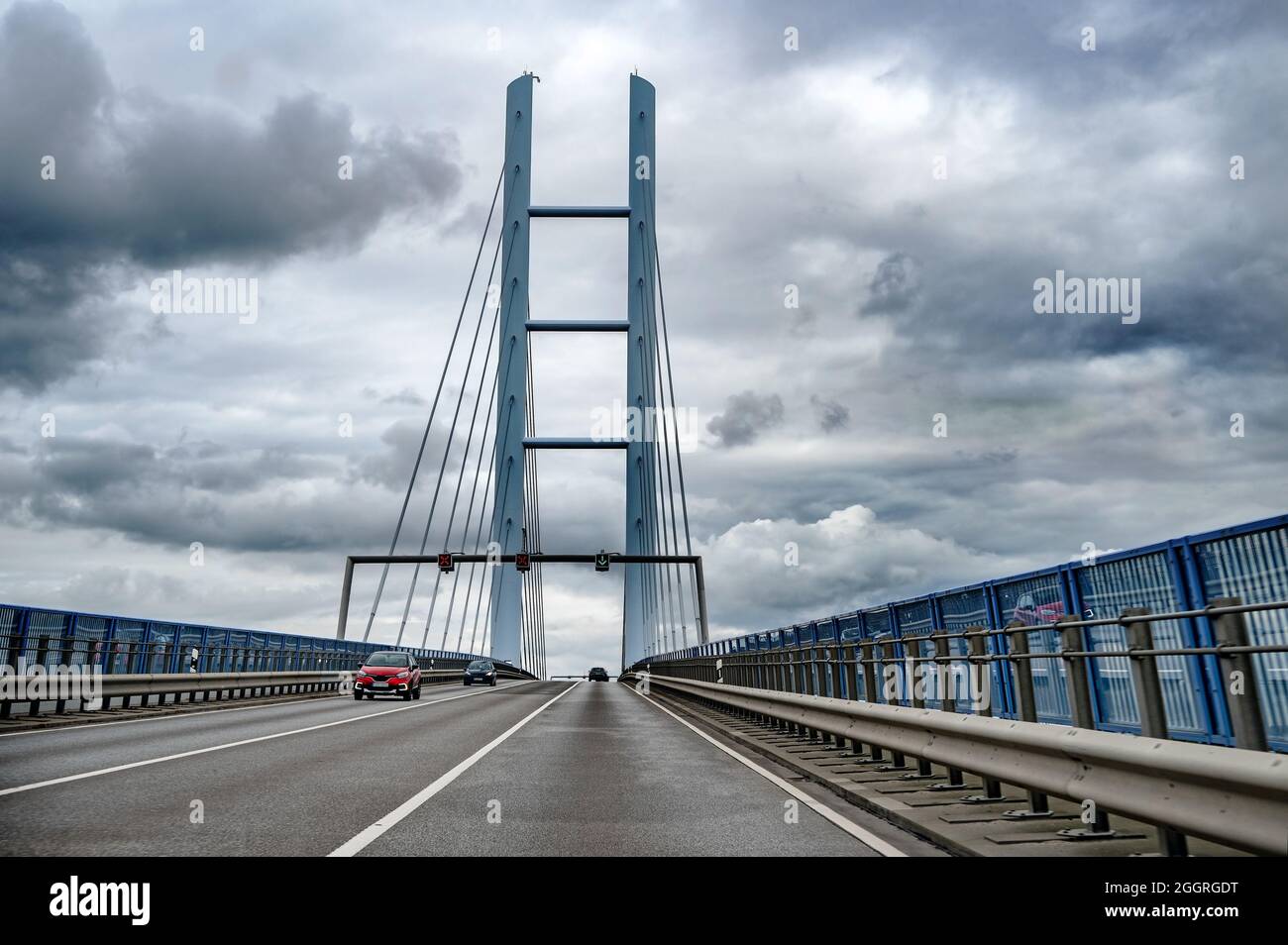 Bridge from Stralsund to the island of Rugen in the Baltic Sea under a ...