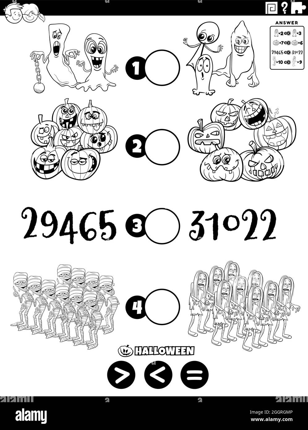 Black and white cartoon illustration of educational mathematical puzzle ...