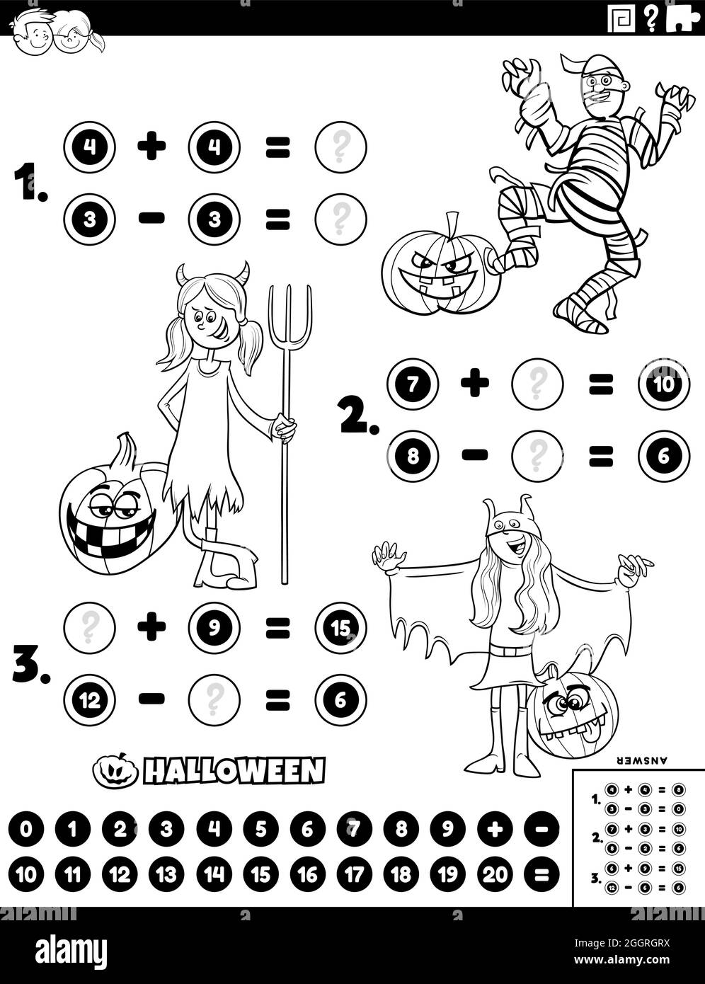 Black and white cartoon illustration of educational mathematical ...