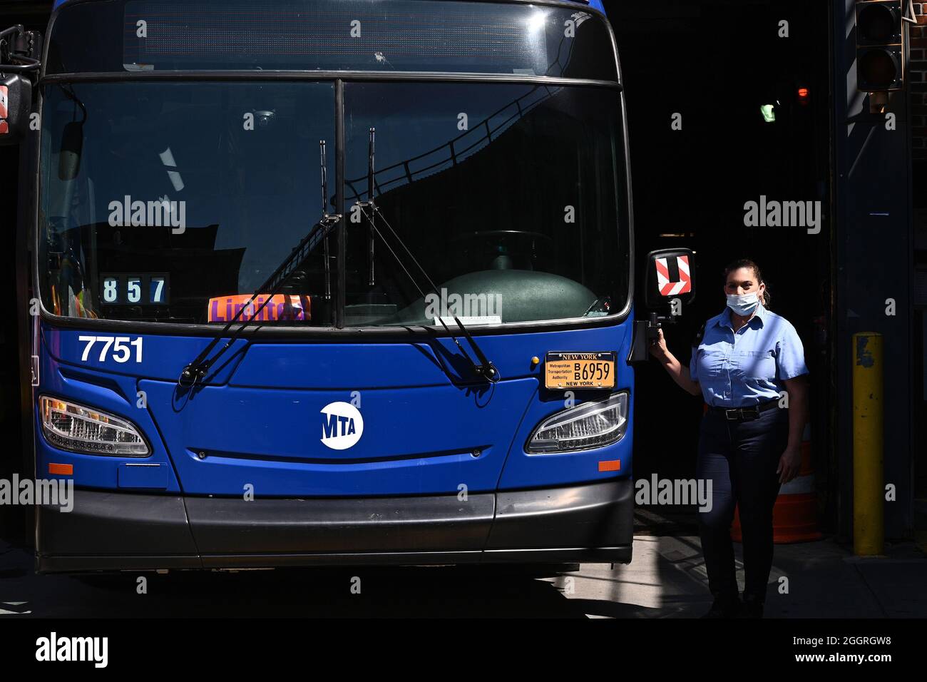 New York City, USA. 02nd Sep, 2021. MTA Bus Operator Rosa Almonte poses ...
