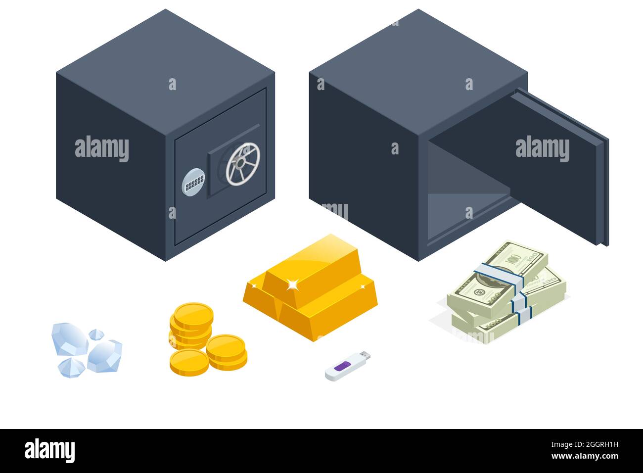 Isometric Set of Security Metal Safes Isolated on White Background ...