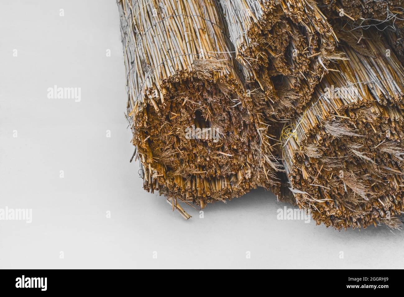 Straw rope dry reed natural material is stored in rolls on a white ...