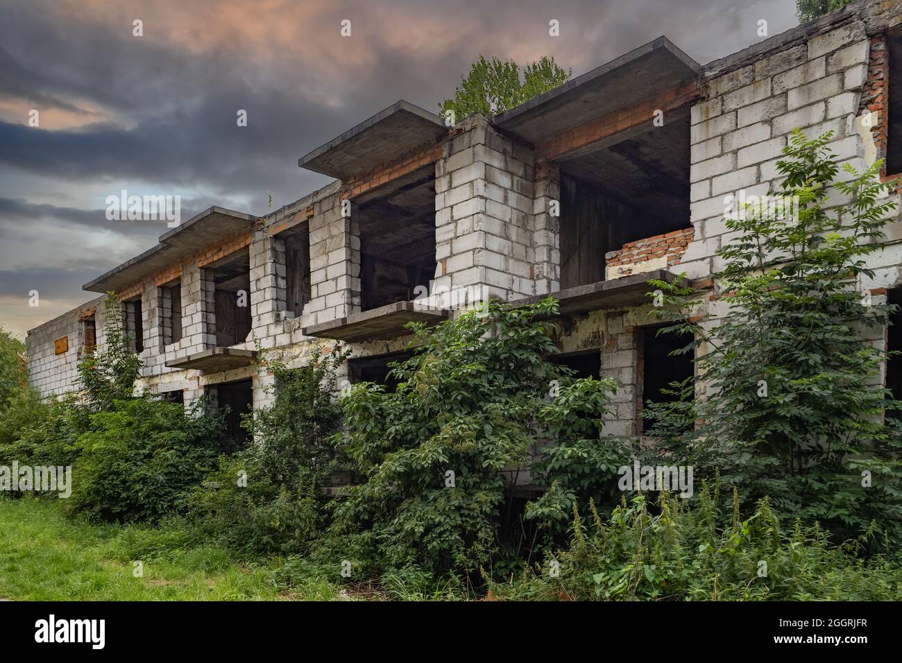 Abandoned unfinished building overgrown by plants Stock Photo - Alamy