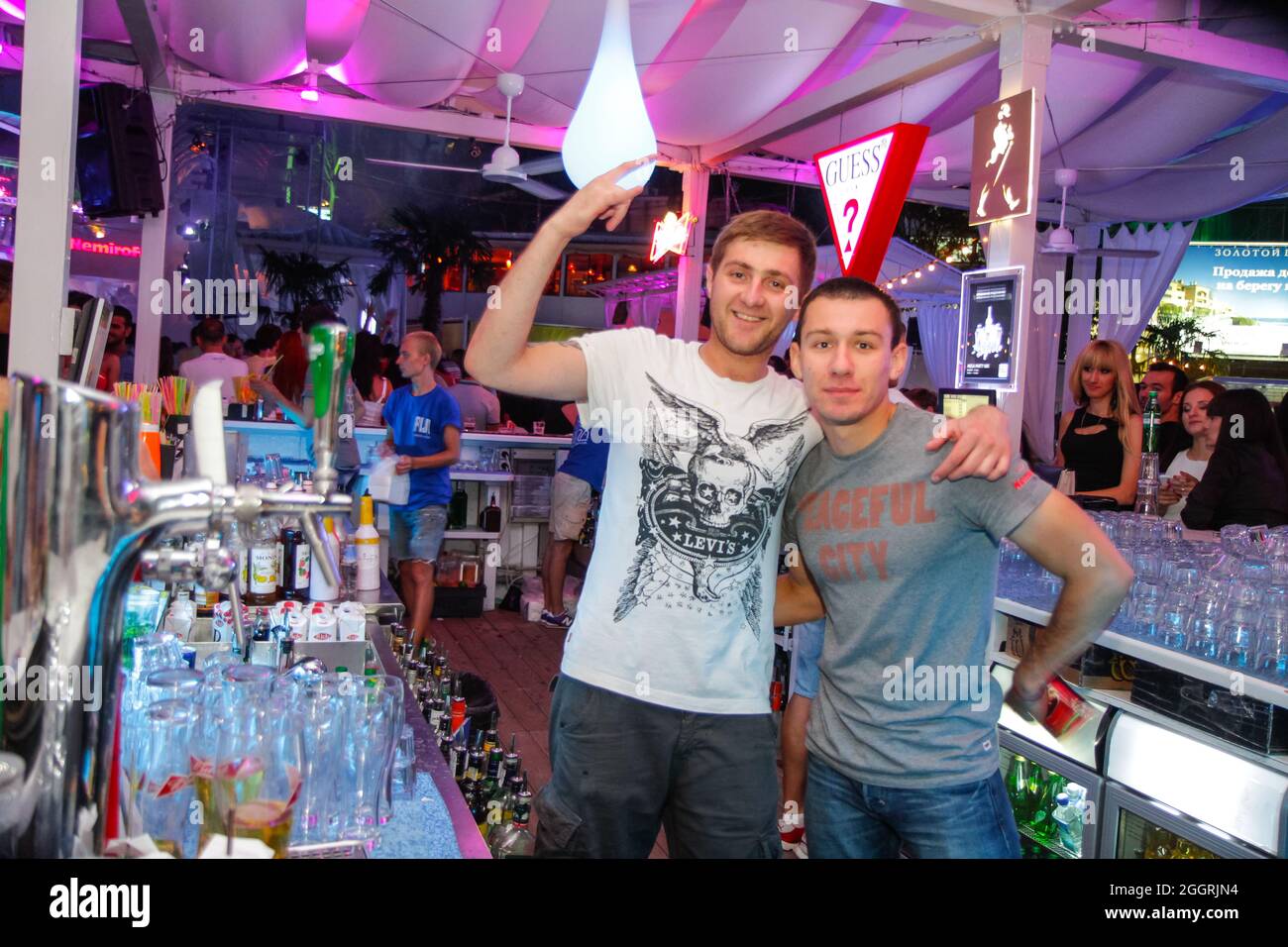 Odessa, Ukraine June 21, 2013: Barman at work in luxury nightclub ...