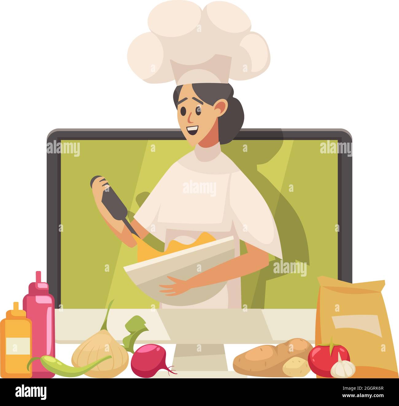 Cooking food blogger cartoon icon with woman character on computer ...
