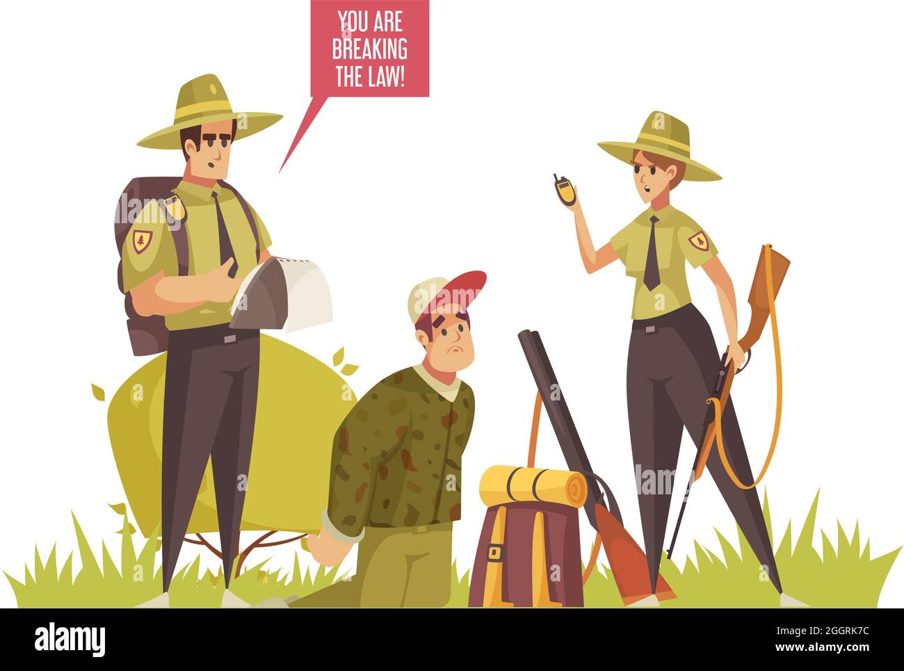 Cartoon composition with two forest rangers catching hunter vector ...
