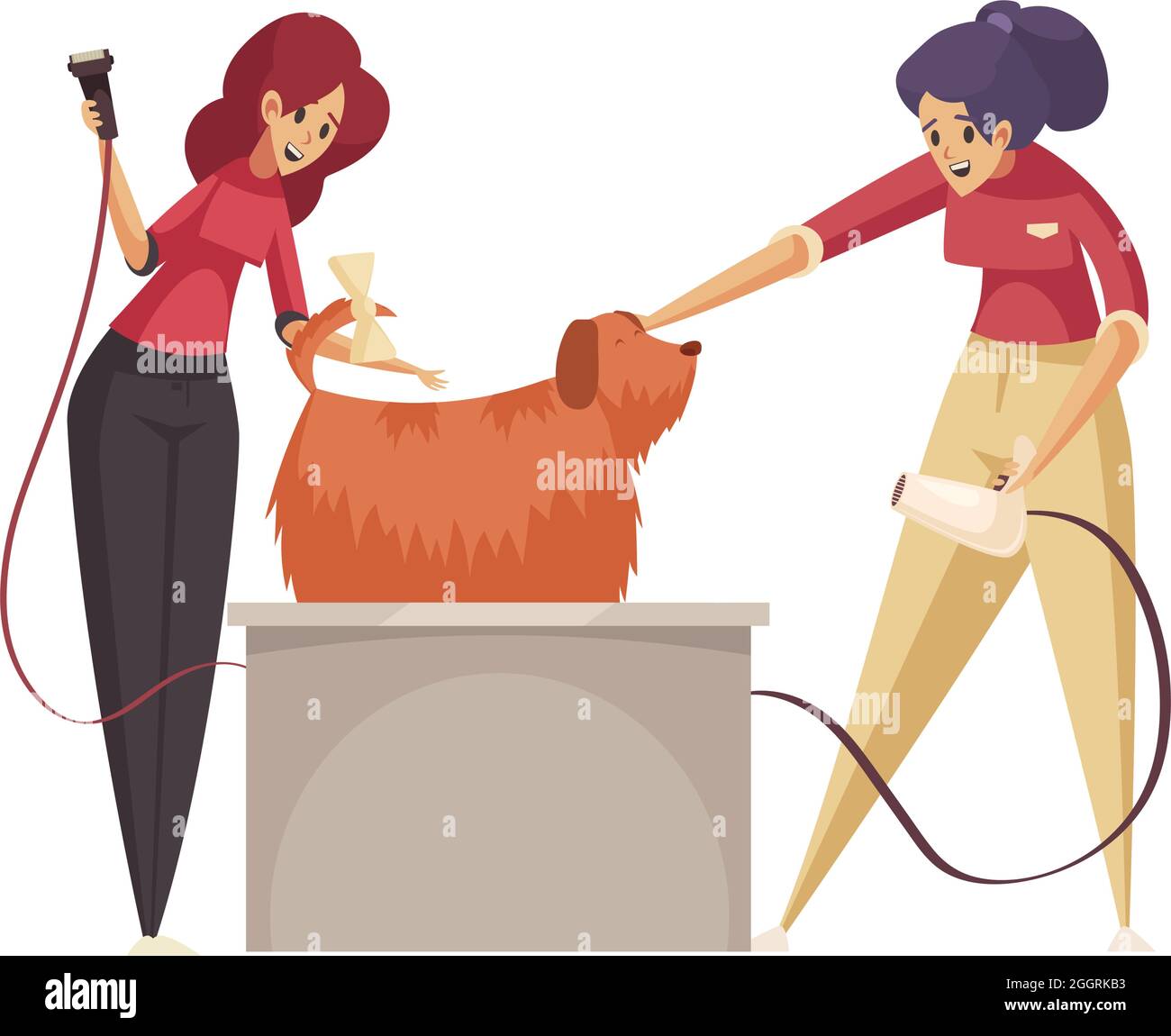 Flat grooming icon with women drying dog with long fur vector ...
