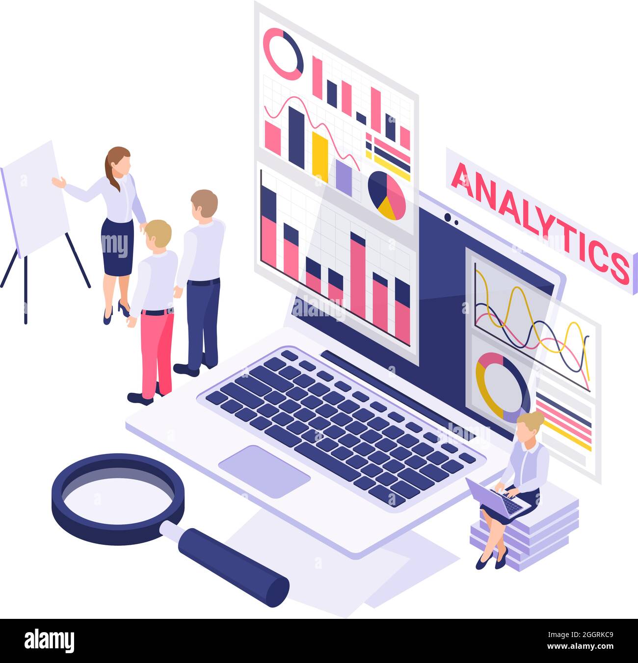 Analytics isometric icon with laptop magnifier working people and ...
