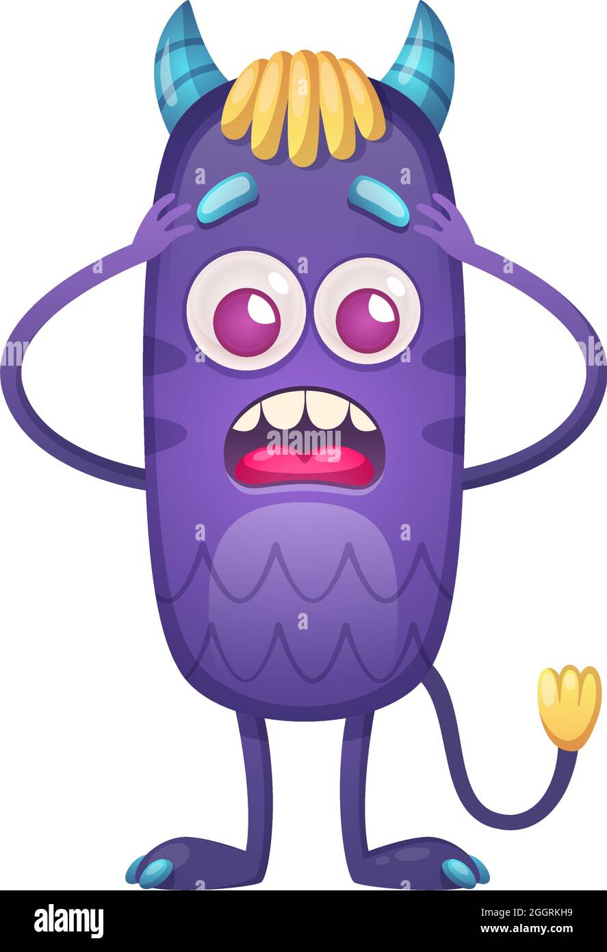 Scared cartoon monster with horns on white background vector ...