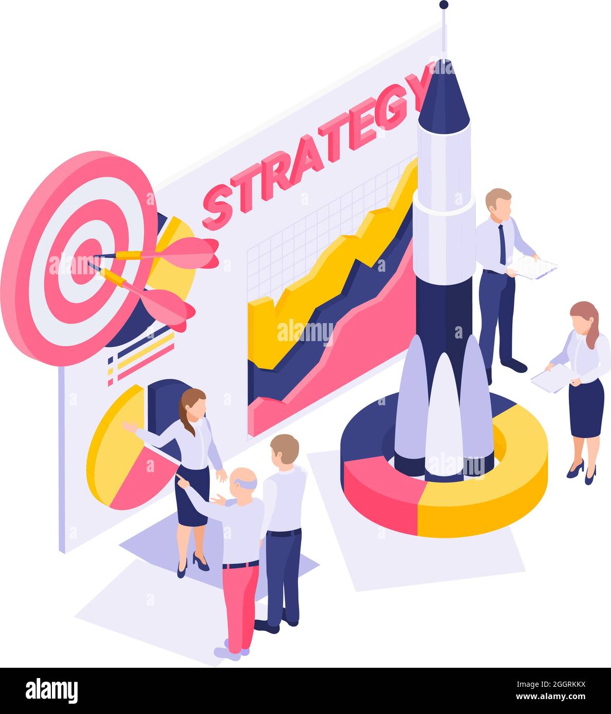 Isometric branding strategy concept with rocket target characters ...