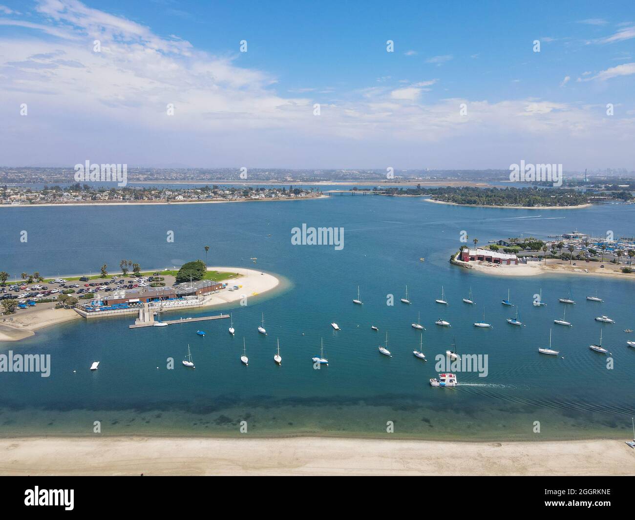 Aerial view of Mission Bay and beach in San Diego during summer ...
