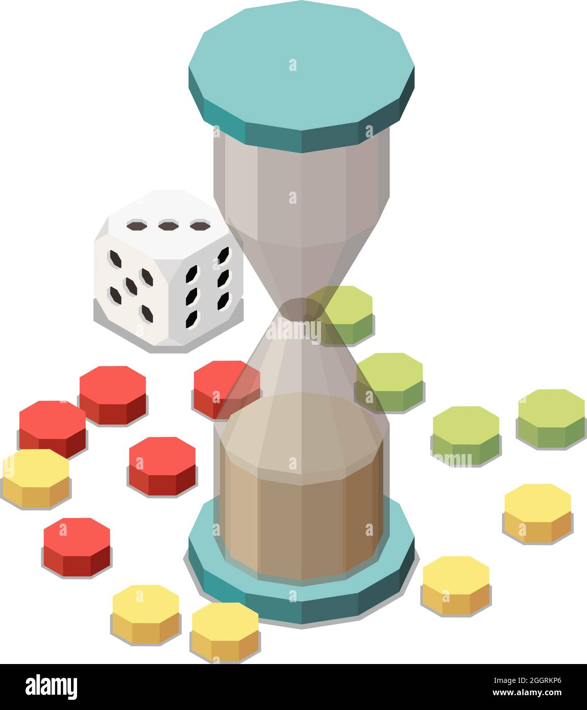 Board game isometric colored composition with dice chips and hourglass ...