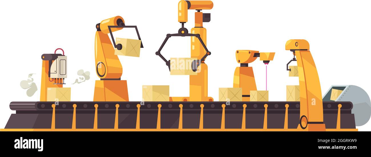 Automated conveyor with robotic arms cartoon icon vector illustration ...