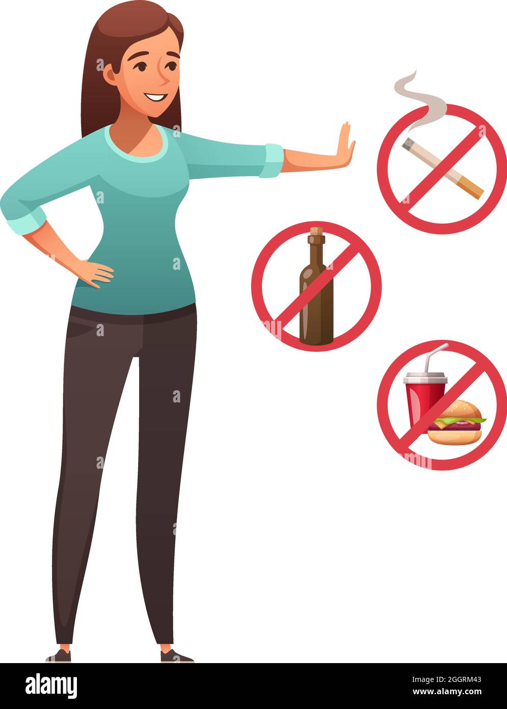 Healthy lifestyle cartoon composition with female character getting rid ...