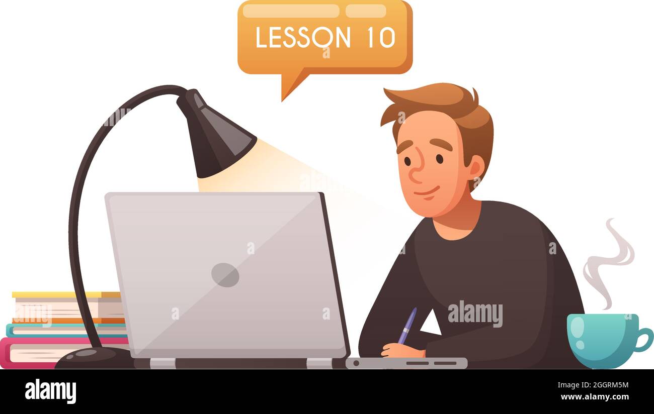 Cartoon distance education icon with boy taking online lessons using ...