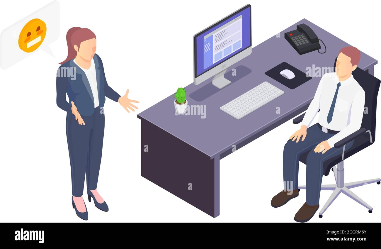 Problem situations at work isometric icon with two office workers 3d ...