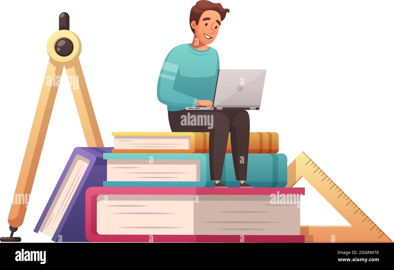 Cartoon icon with stack of books ruler and boy studying online with ...