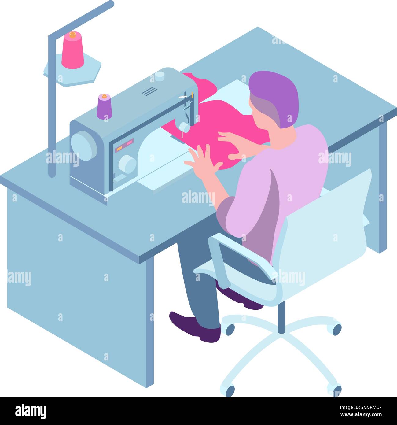 Isometric sewing workshop studio composition with worker sitting in ...
