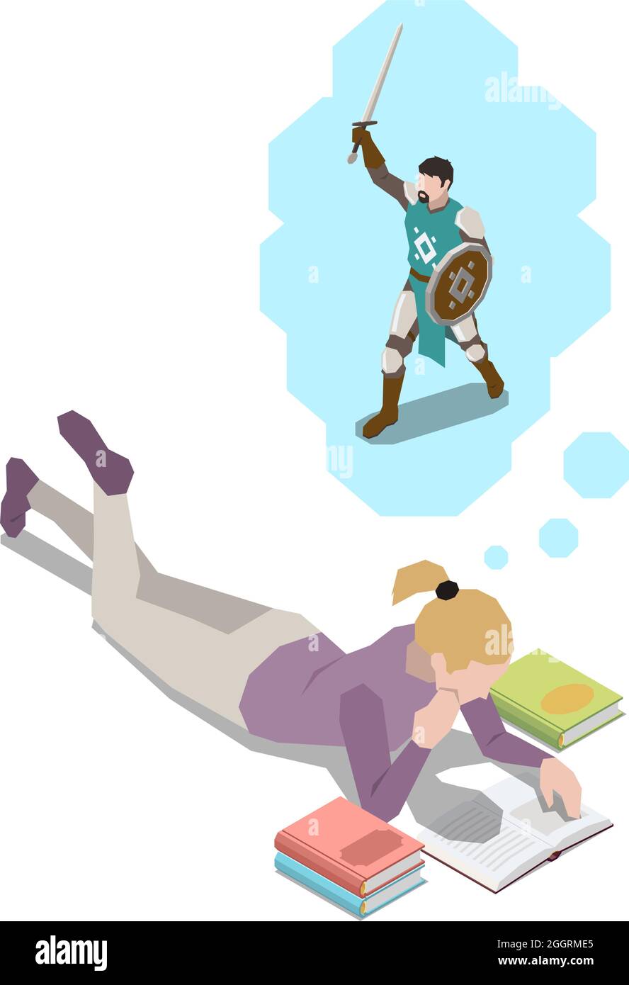 Stress management isometric composition with lying girl reading book ...