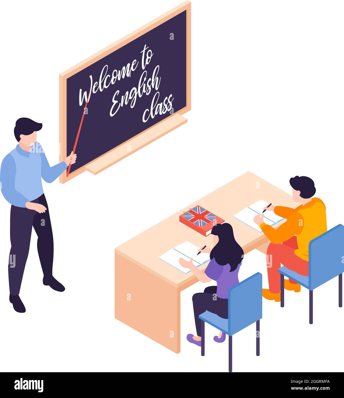 Isometric language center courses composition with character of teacher ...