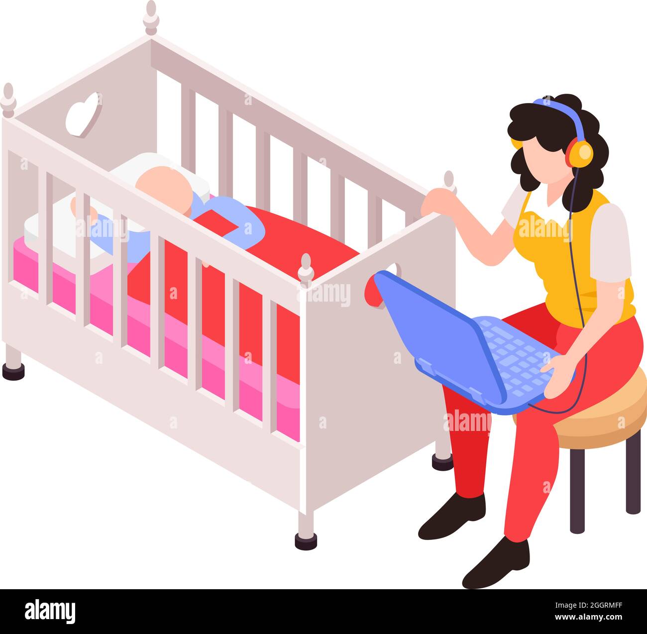 Isometric icon with mum working on laptop while rocking her baby in ...