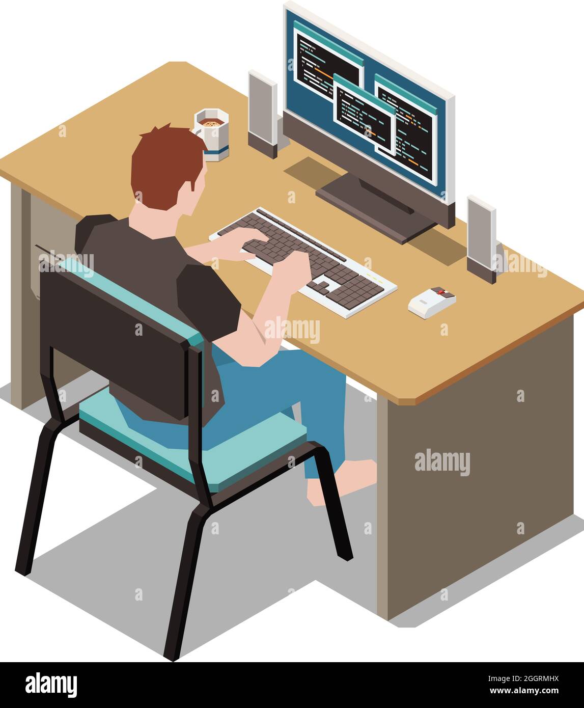 Stay at home isometric composition with male character sitting at table ...