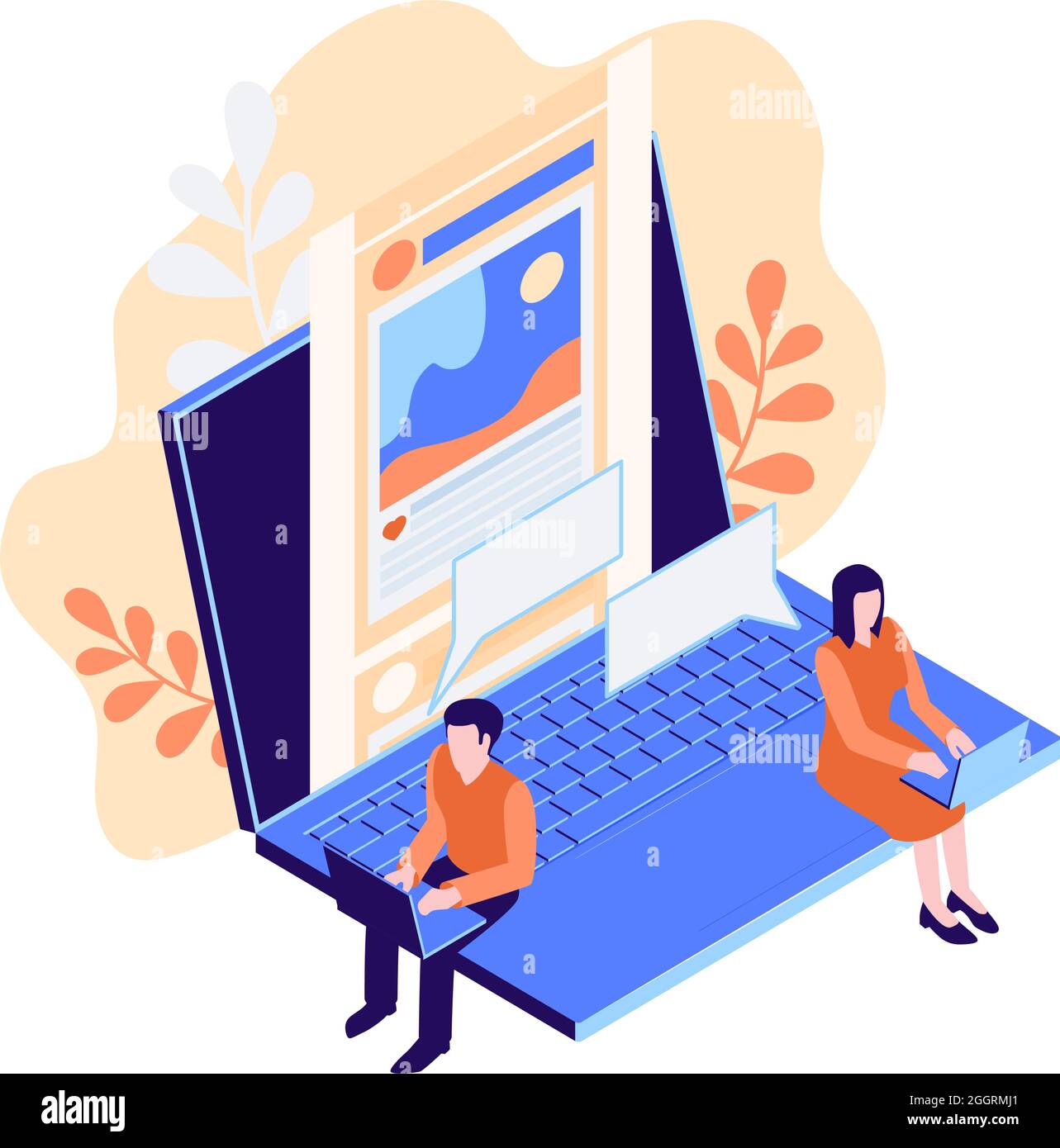 People using laptops for communicating in social media isometric icon ...