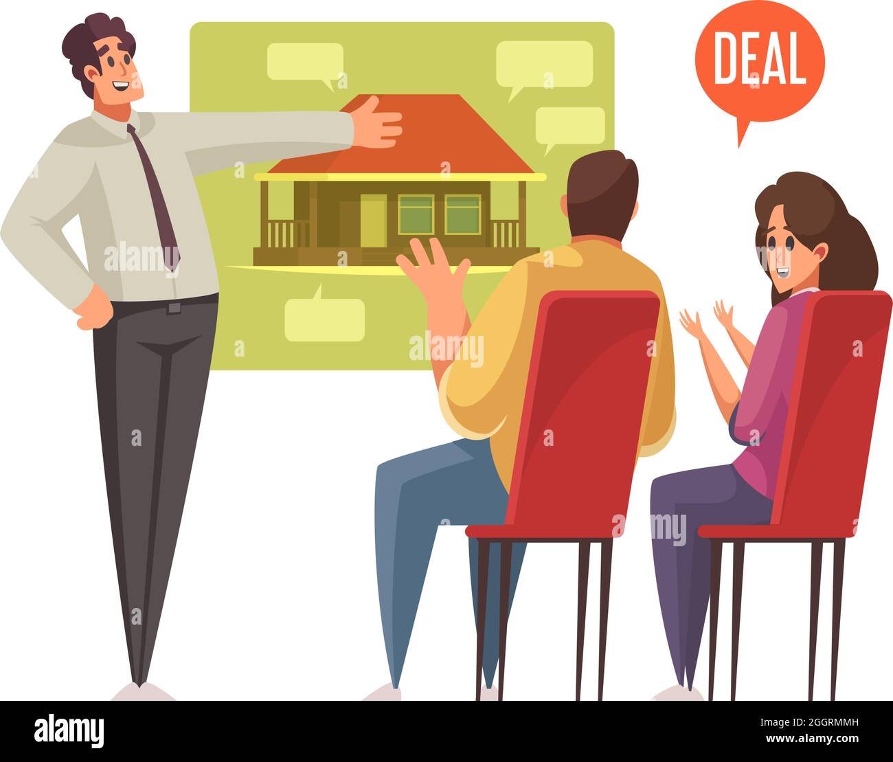 Mortgage cartoon icon with family choosing house at real estate agency ...