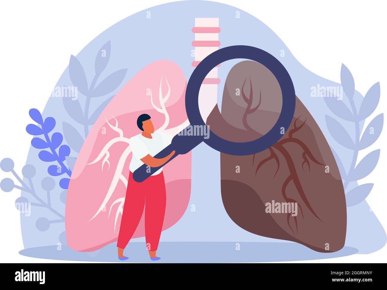 Lung inspection flat icons composition with healthy and damaged lung ...