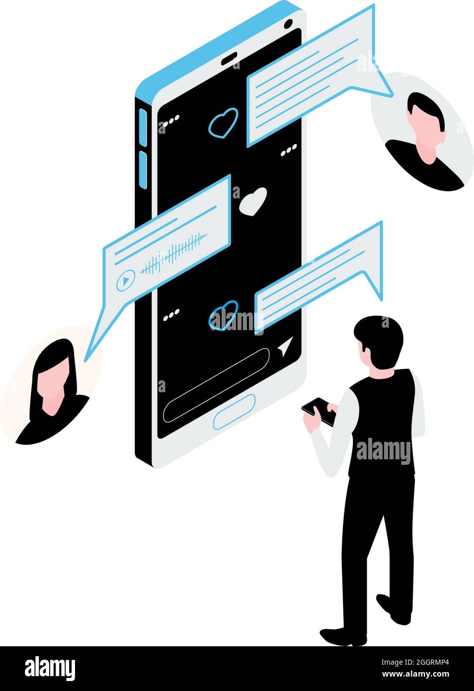 Social media concept with people communicating via text and voice ...