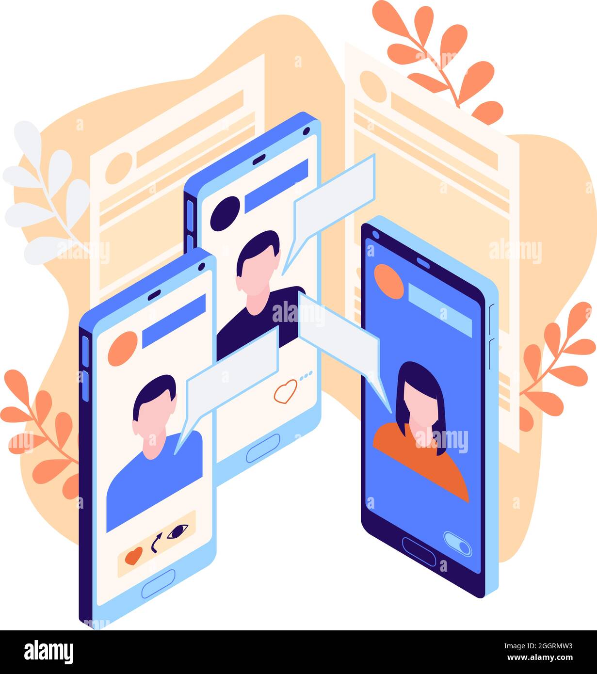 Isometric social media icon with people communicating via internet on ...