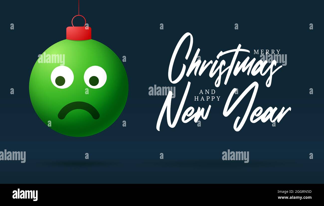 Merry Christmas card with sad emoji face. Vector illustration in flat ...