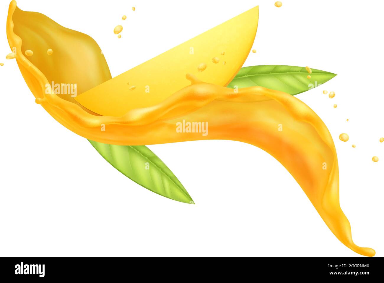 Fresh mango slice and green leaves in juice splashes realistic vector ...