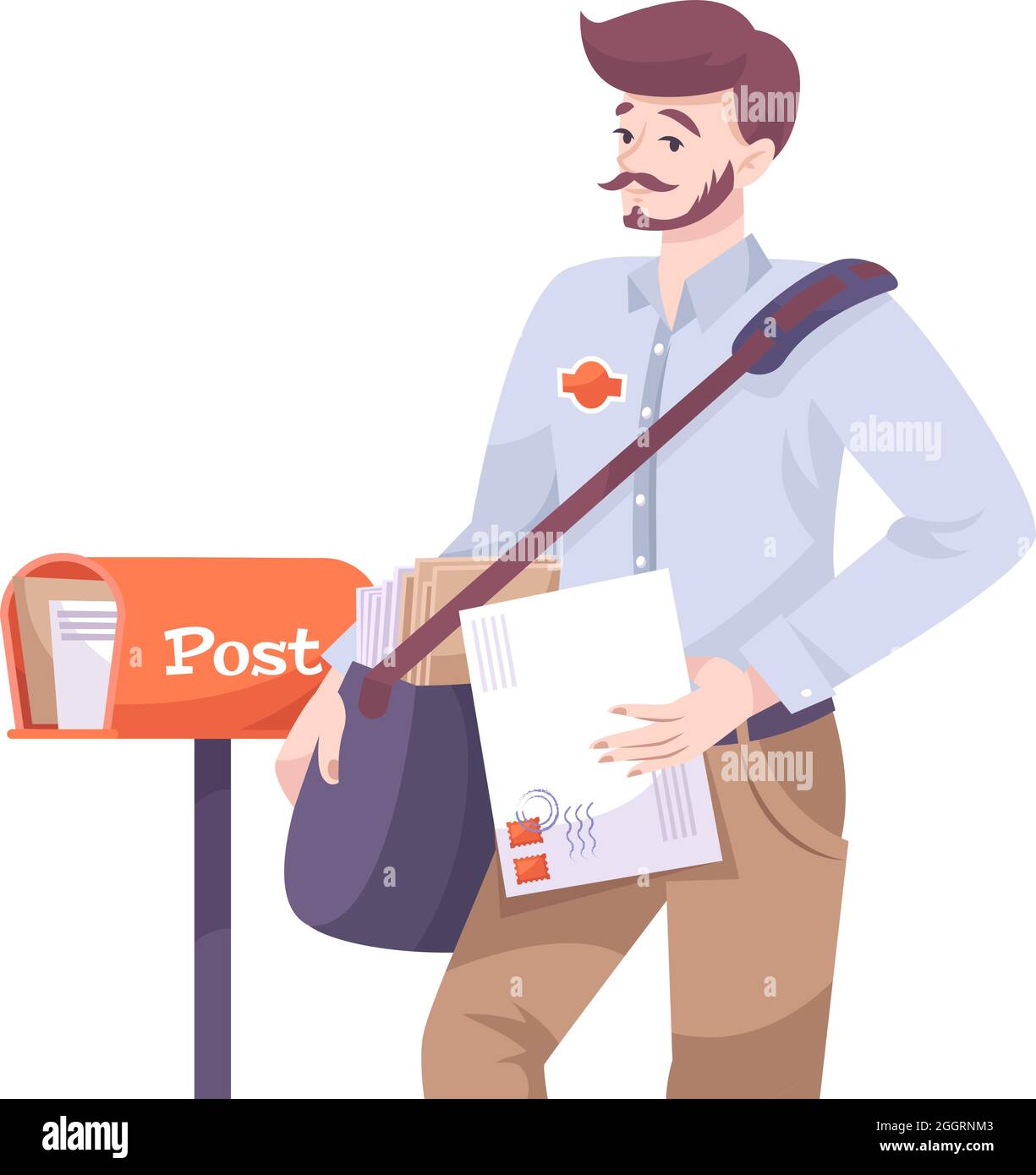 Postman with bag holding letter near letterbox flat vector illustration ...