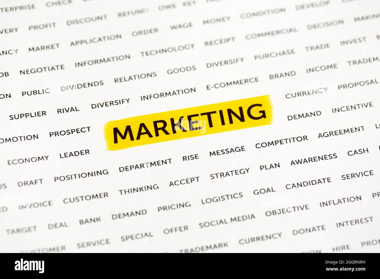 The word "Marketing" is highlighted with a marker on paper. Business ...