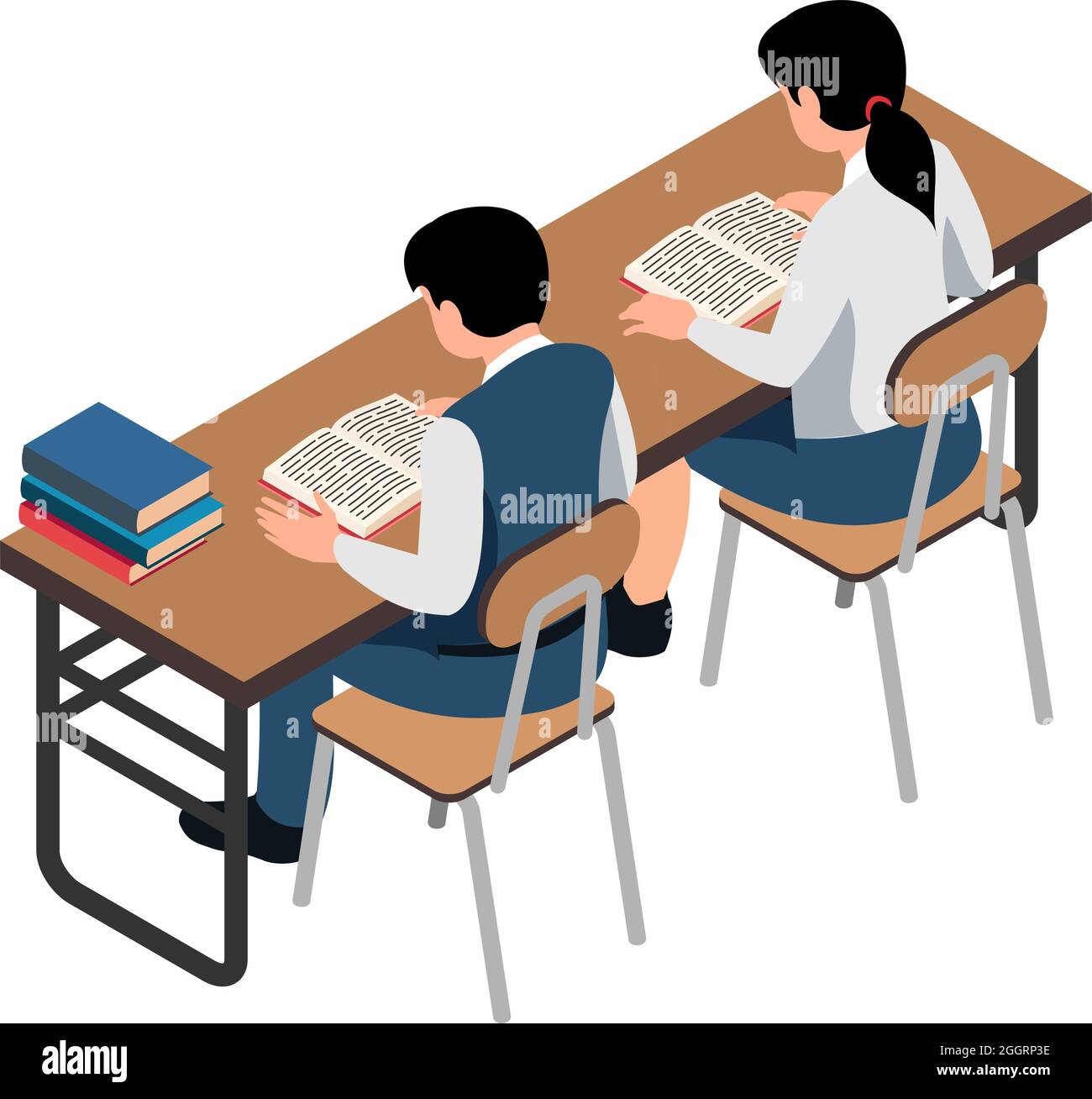 Two school pupils reading book at desk isometric icon on white ...