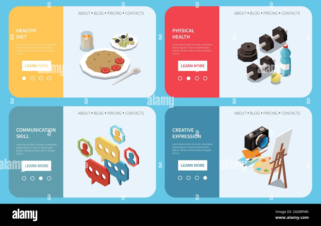 Personal growth self development isometric set of four horizontal ...