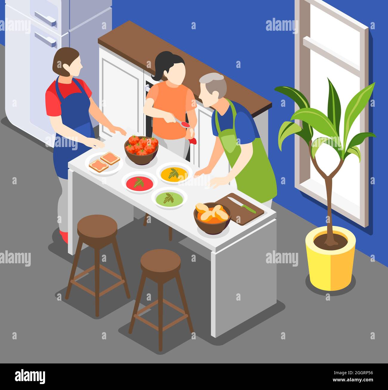 Family cooking isometric background with cooking at home symbols ...