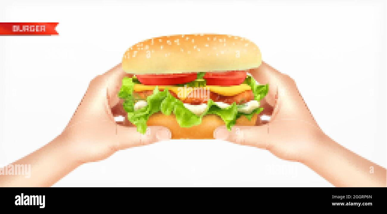 Burger in hands realistic composition with text ribbon and human hands ...