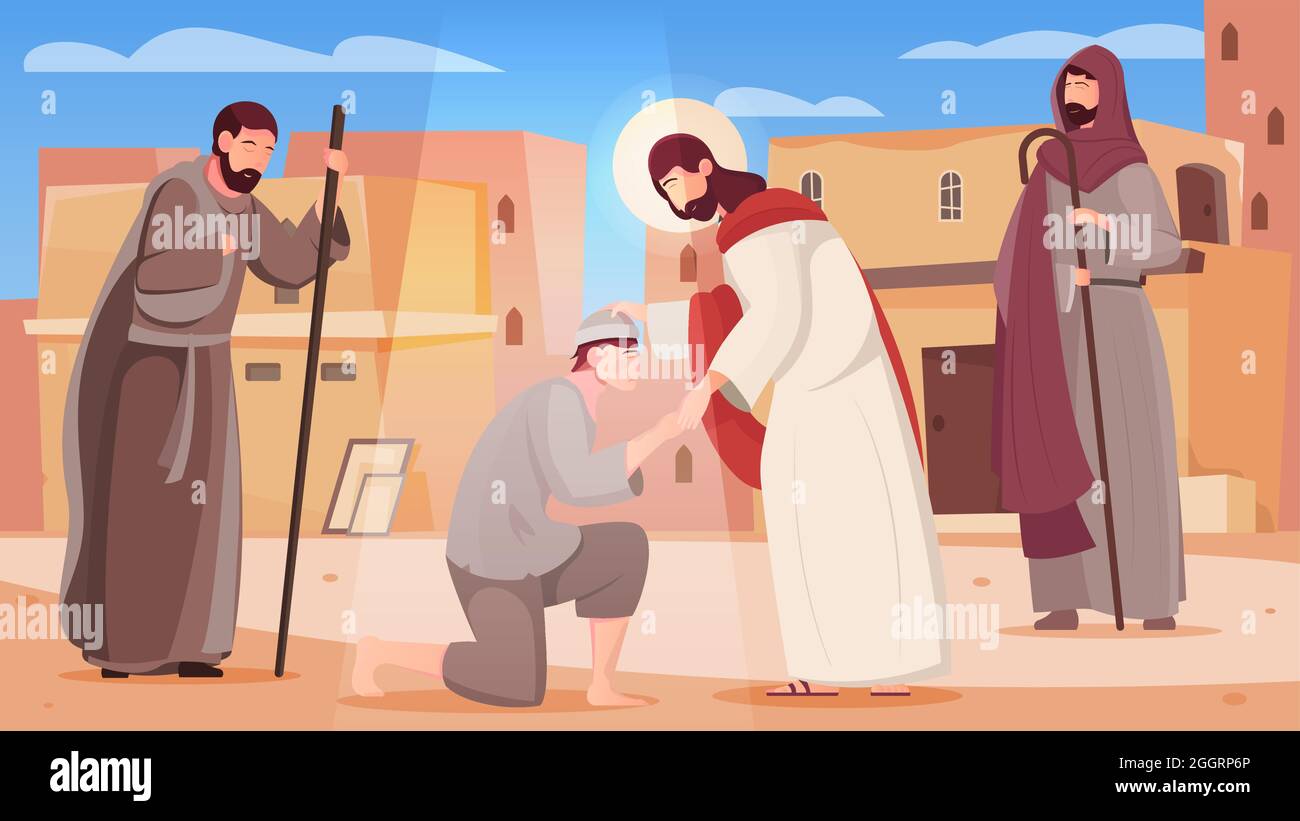Jesus healing people with his hands flat vector illustration Stock ...
