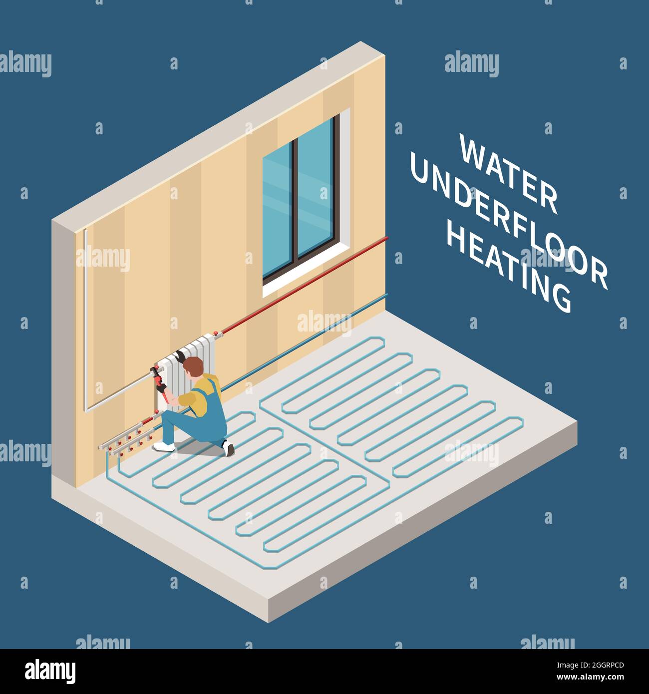 Worker installing water underfloor heating system in house 3d isometric ...