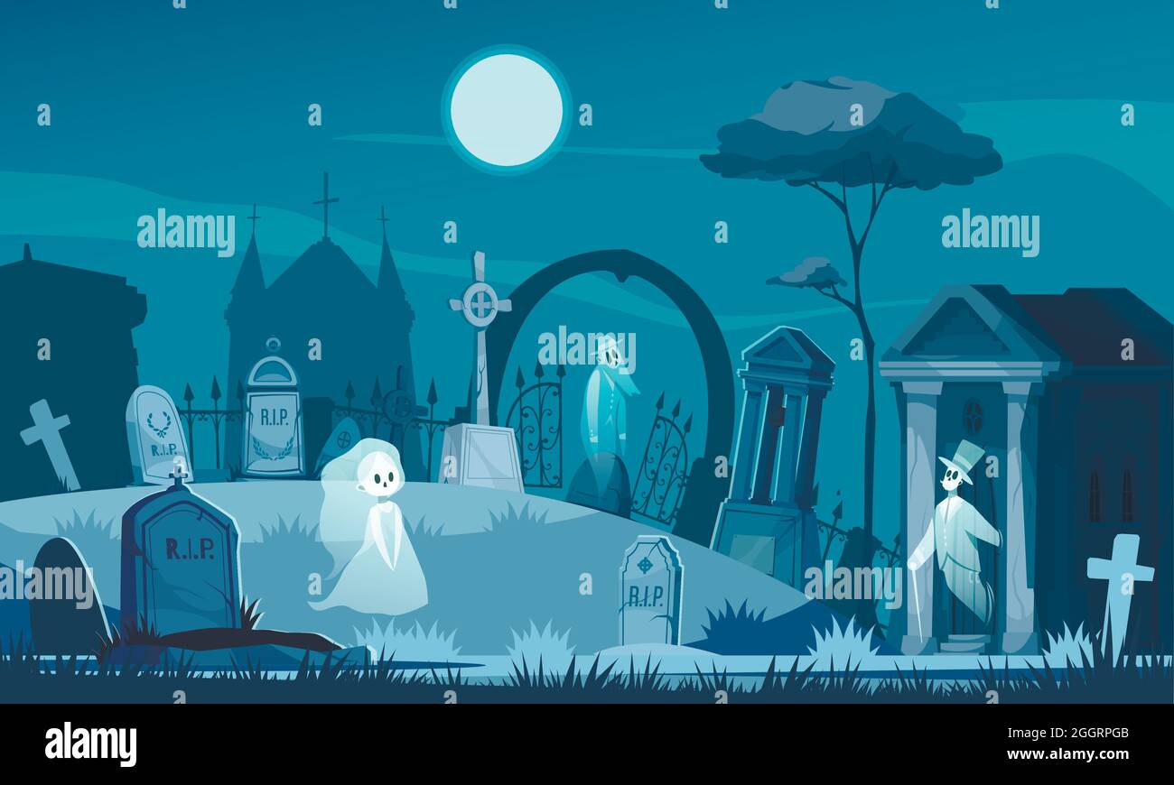 Haunted cemetery with old graves crosses crypt on background with night ...