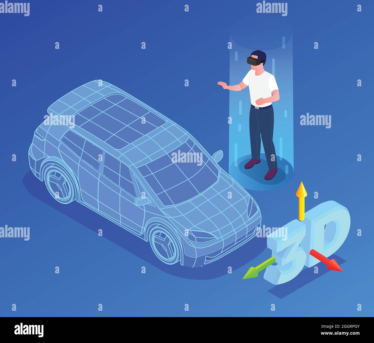 Car designer profession isometric with 3d model and vr symbols vector ...