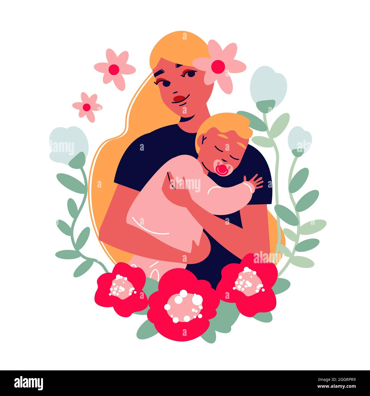 Mothers day card composition with character of pretty mom with baby ...