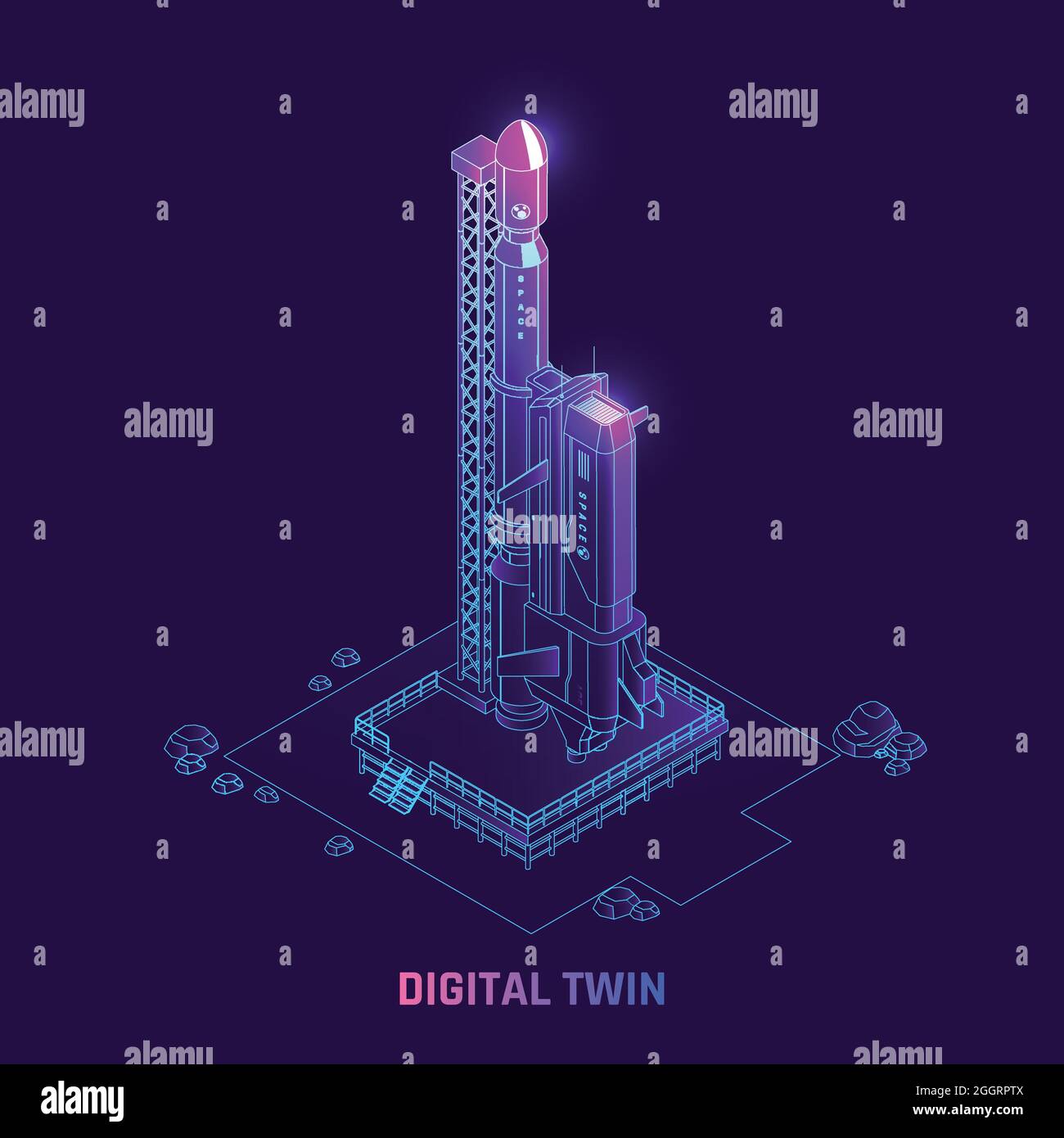 Digital twin space program simulation technology isometric background ...