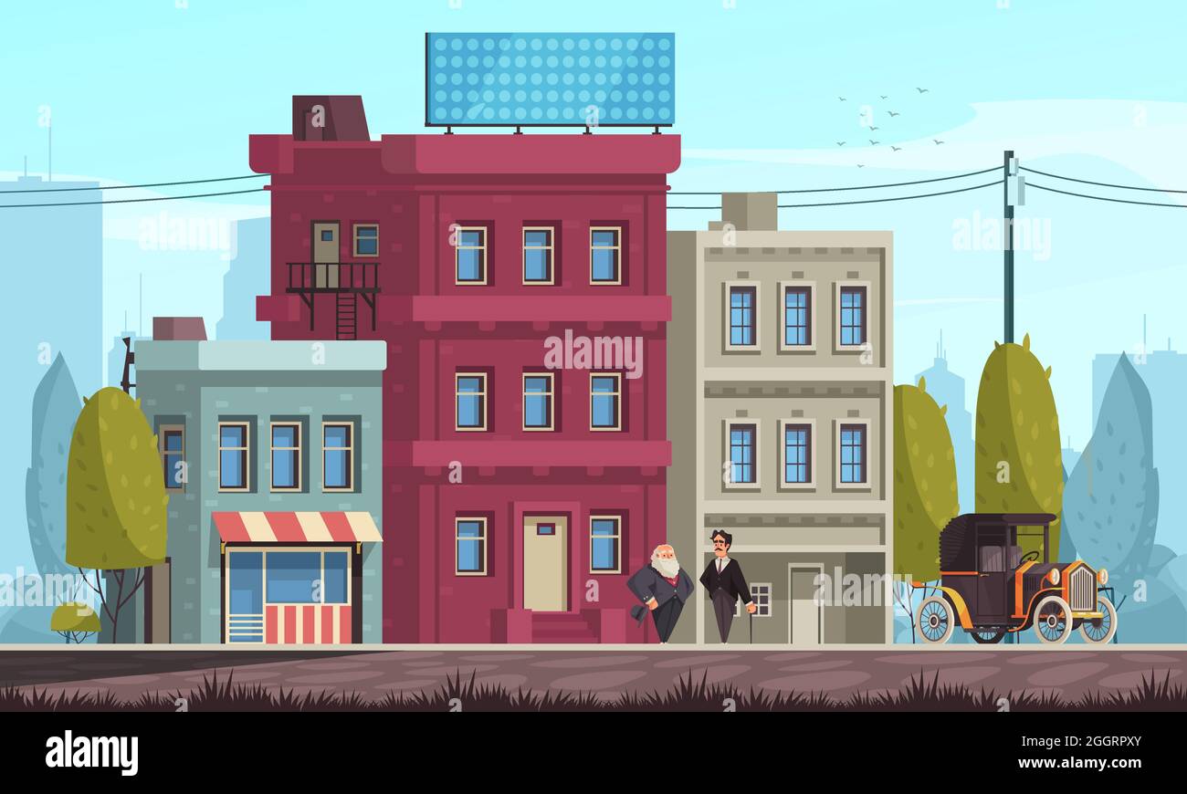 First half 20th century modernist architectural style flat cartoon ...