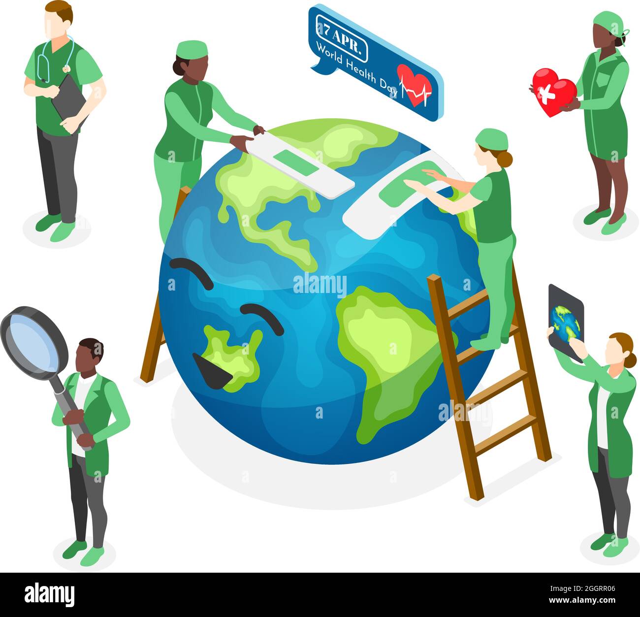 Isometric world health day composition with doctors curing happy earth ...