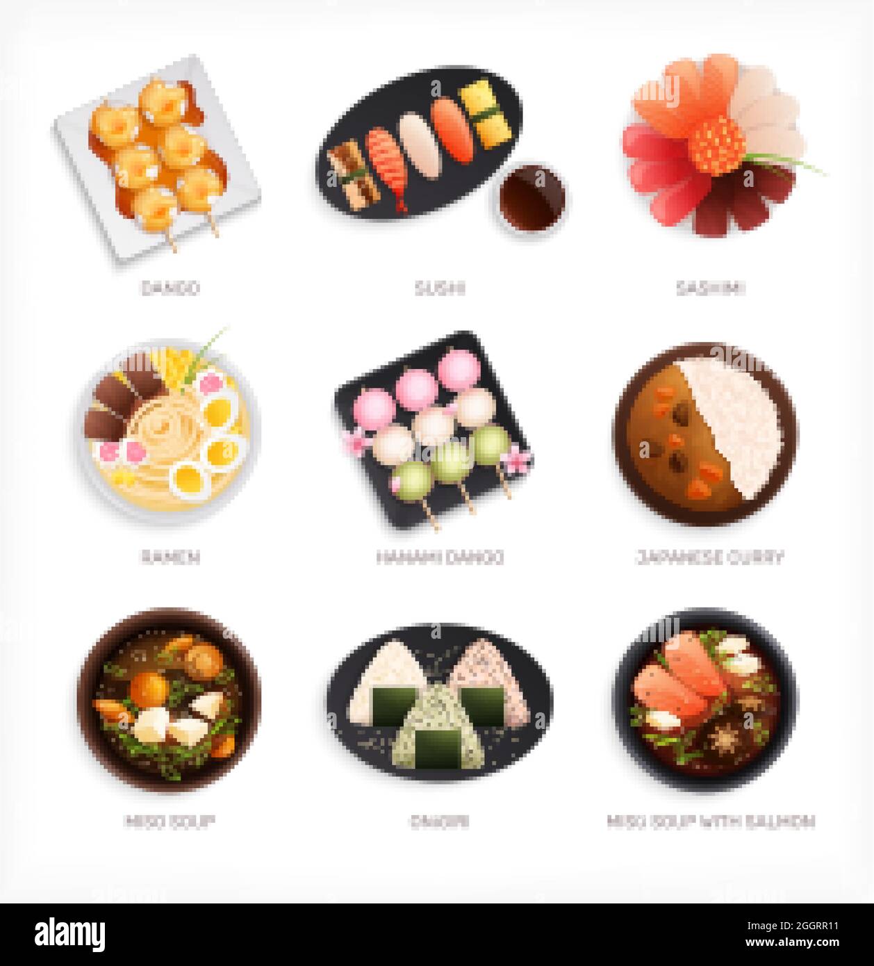 Traditional japanese food cuisine flat set with nine isolated images of ...