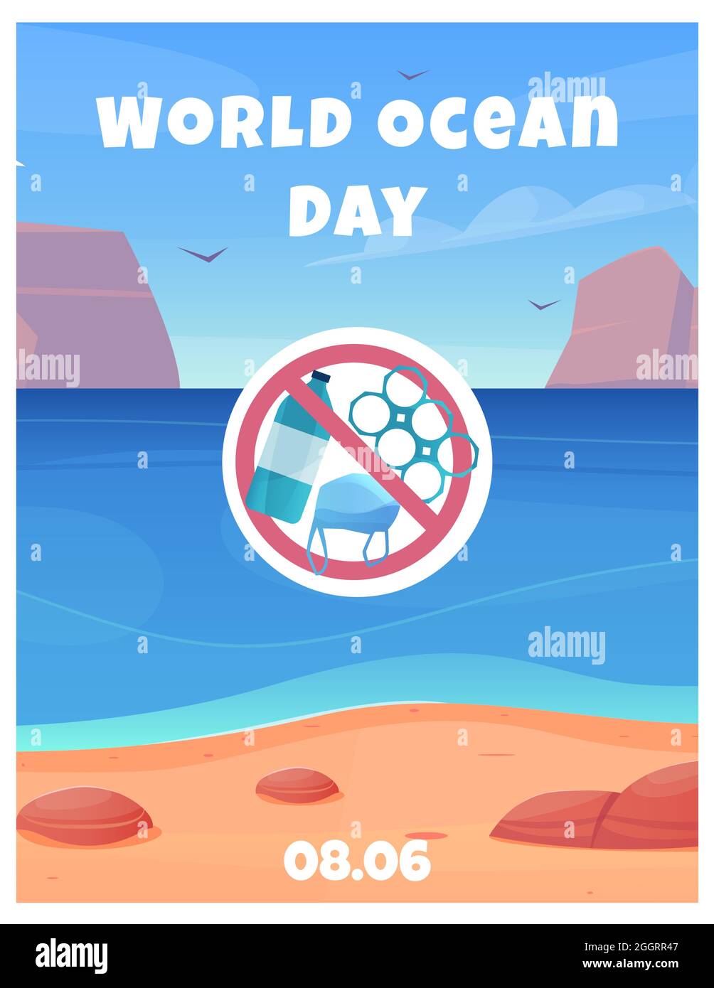World ocean day card with clean water and beach date and no pollution ...